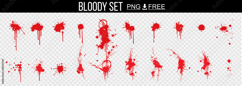 Set with blood stains and splashes on transparent background. Big ...