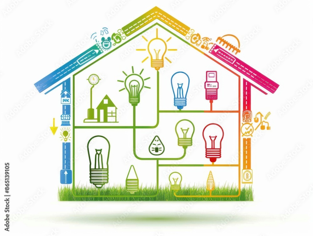 Home energy efficiency tips (lightbulb, thermostat, plug icons) (power ...