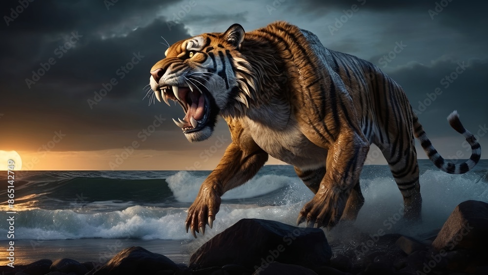 3D tiger in the moonlit night Saber-toothed Tiger fearsome muscular ...