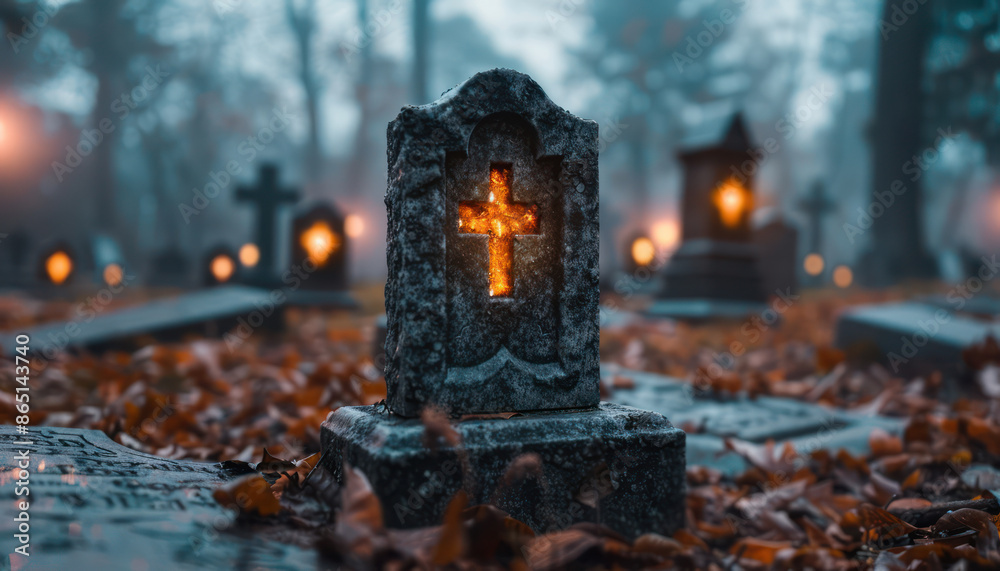 Haunted Cemetery with Tombstones on Foggy Night Spooky Setting for ...