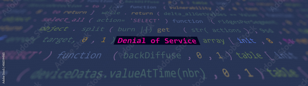 Cyber attack denial of service text in foreground screen of code editor developer studio point ...