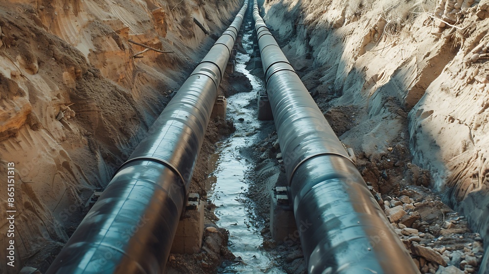 New aquaduct waterline construction of large steel water pipes in deep ...