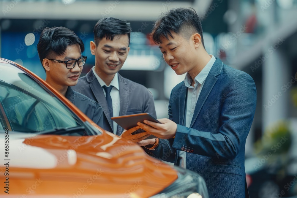 An Asian male car salesperson using a tablet to show a customer the ...