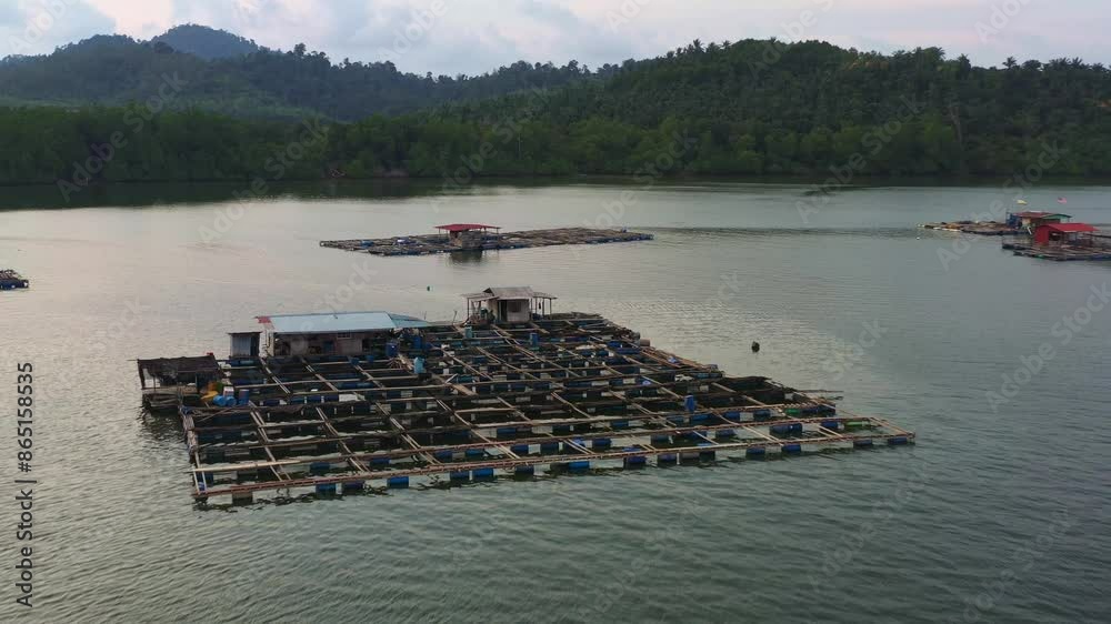 Aquaculture fish farms on calm waters, breeding, rearing, and ...