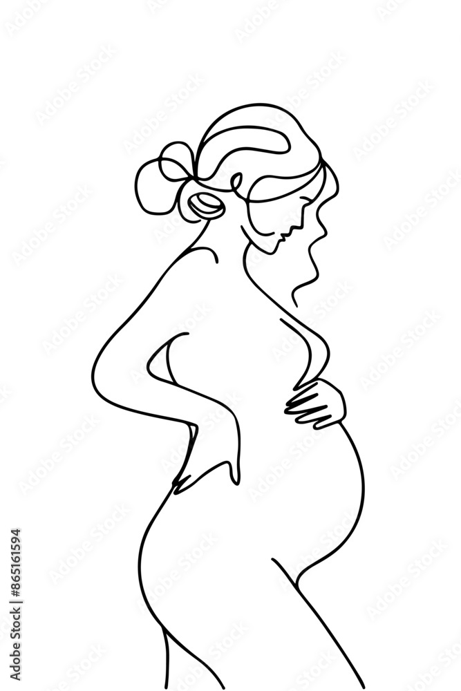 Vetor de A minimalist, black single line drawing of a pregnant woman ...