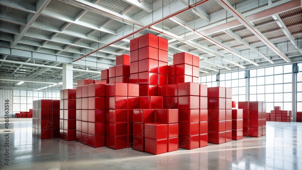 This is an image of a warehouse filled with red cubes. The warehouse is ...