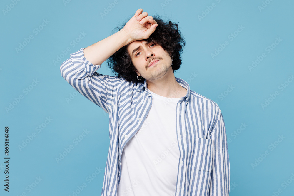 Young sad sick ill man he wearing shirt white t-shirt casual clothes ...