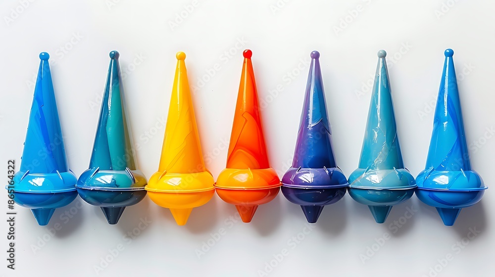 traffic cones lined up in a row from left to right, each a different ...