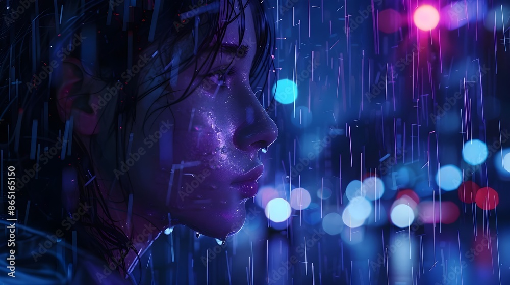 Sad woman in heavy rain, night with the reflections of lights on the ...