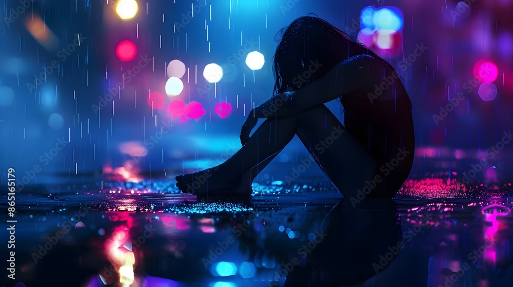 Sad woman in heavy rain, night with the reflections of lights on the ...