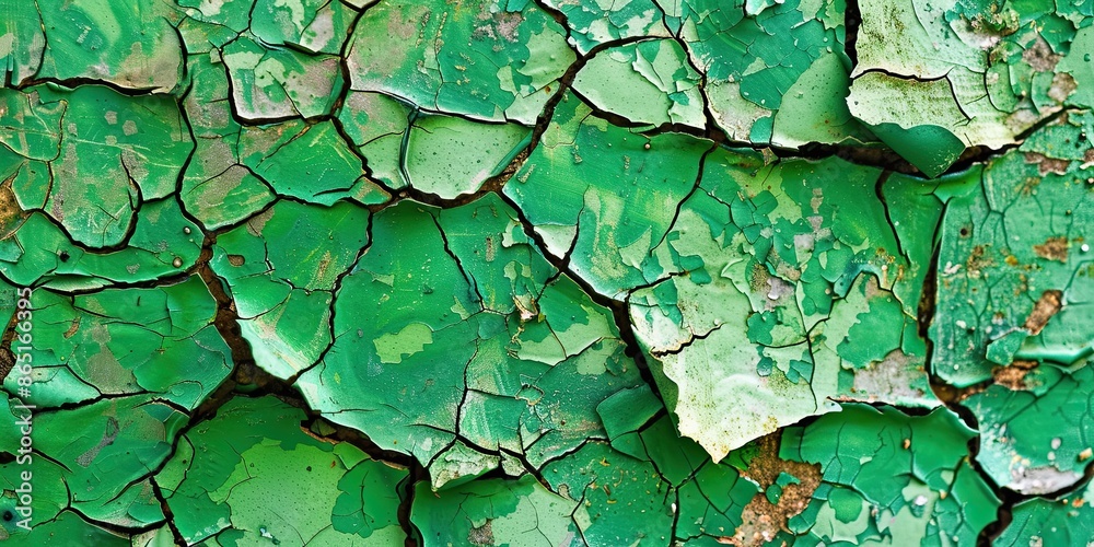 Detailed panoramic view of flaking green paint, highlighting the ...