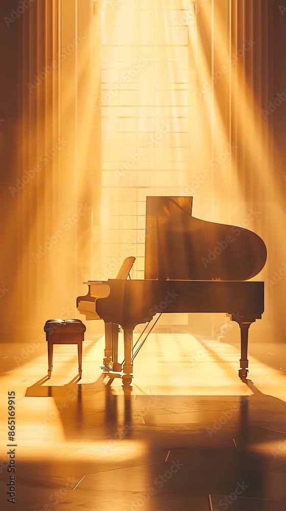 Grand piano in sunlight. A beautiful beam of light highlights the ...