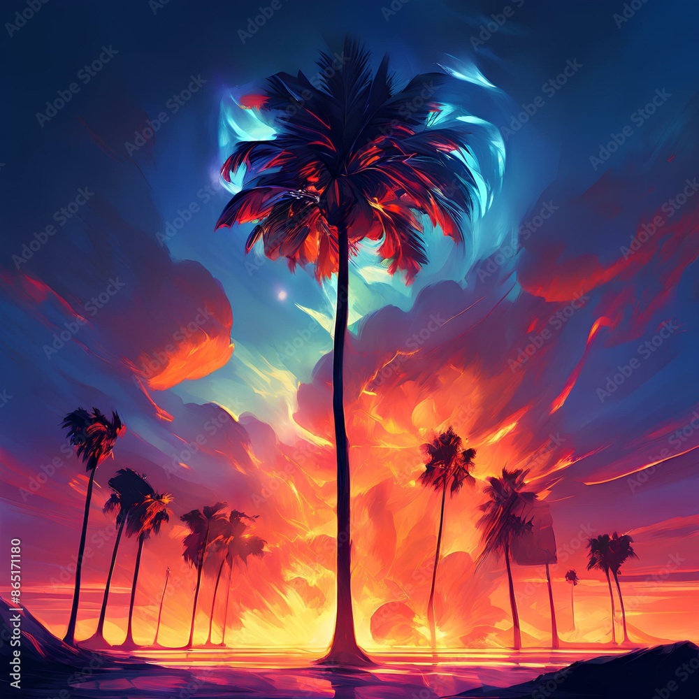 Burning palm tree. Fire in wild nature. Smoke in the air. Tropical ...