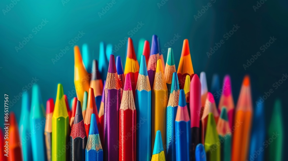 A vibrant collection of colored pencils standing vertically against a ...
