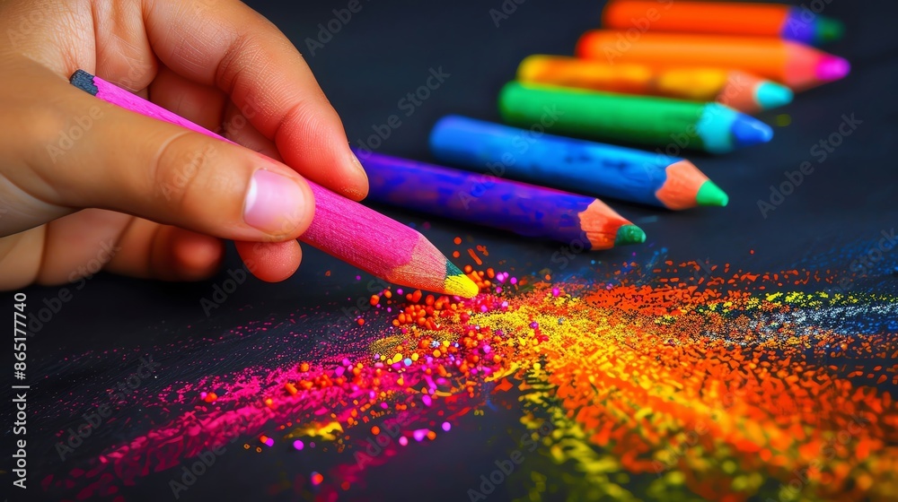Child's hand drawing with colorful crayons on black paper, showcasing ...