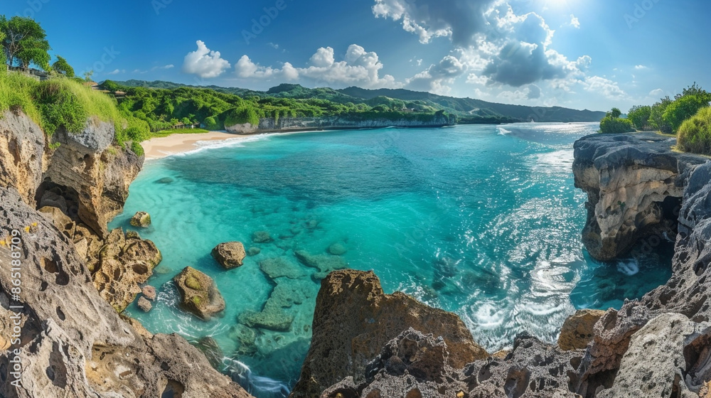 The stunning cliffs and turquoise waters of the Secret Point Beach in ...