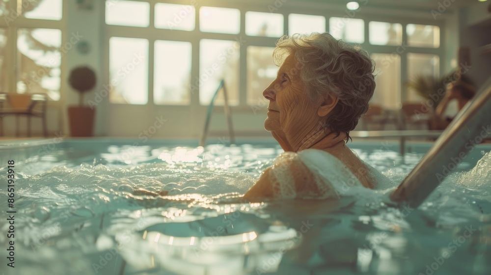 Elderly women doing exercise on the indoor pool of a nursing home ...