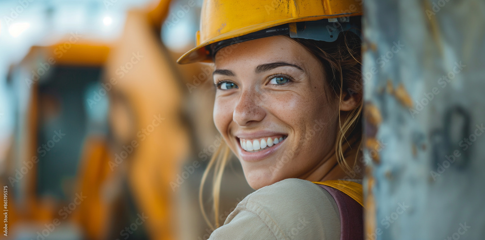 Woman Working Joyfully at a Construction Site With Heavy Machines ...
