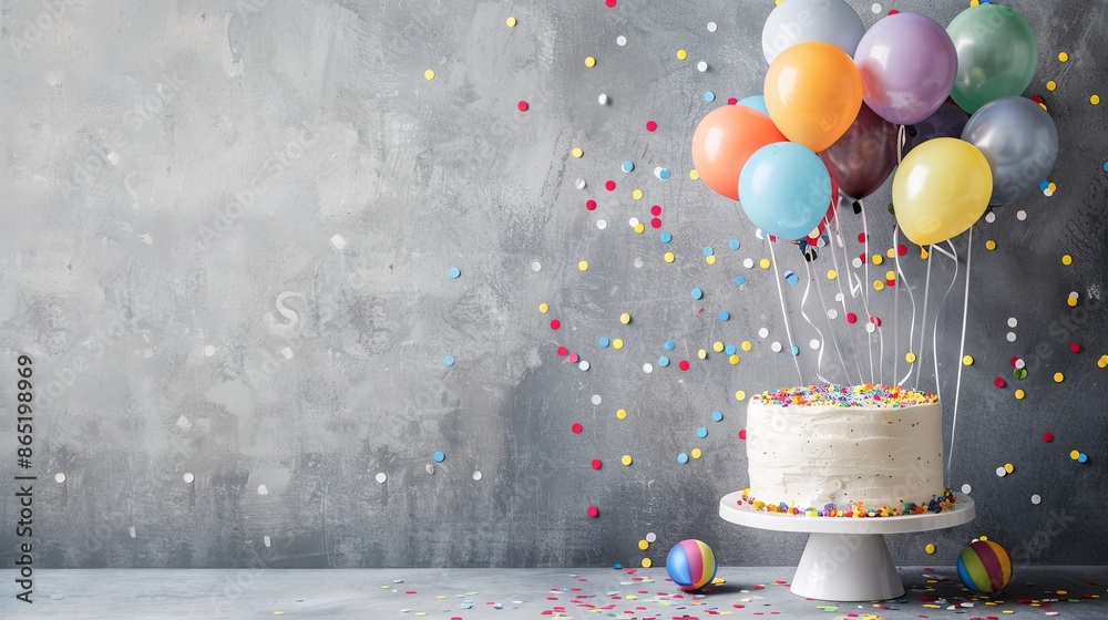 Birthday celebration background with cake and colorful balloons against ...