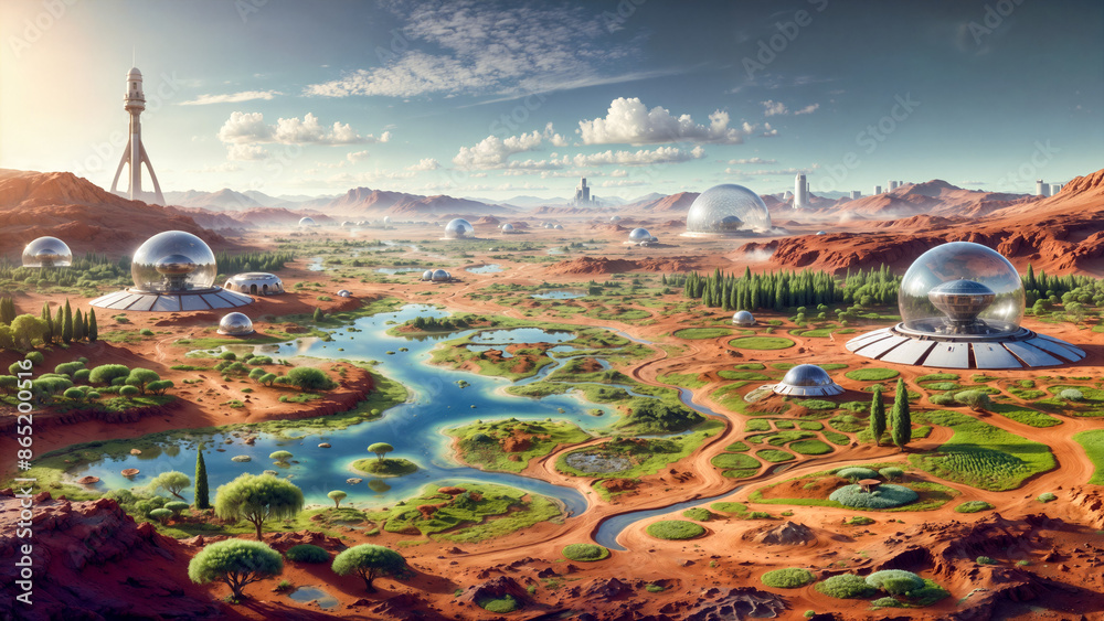 Futuristic Martian landscape with domes, water bodies, and greenery ...