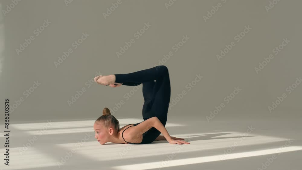 Caucasian sport girl little kid child daughter schoolgirl gymnast ...