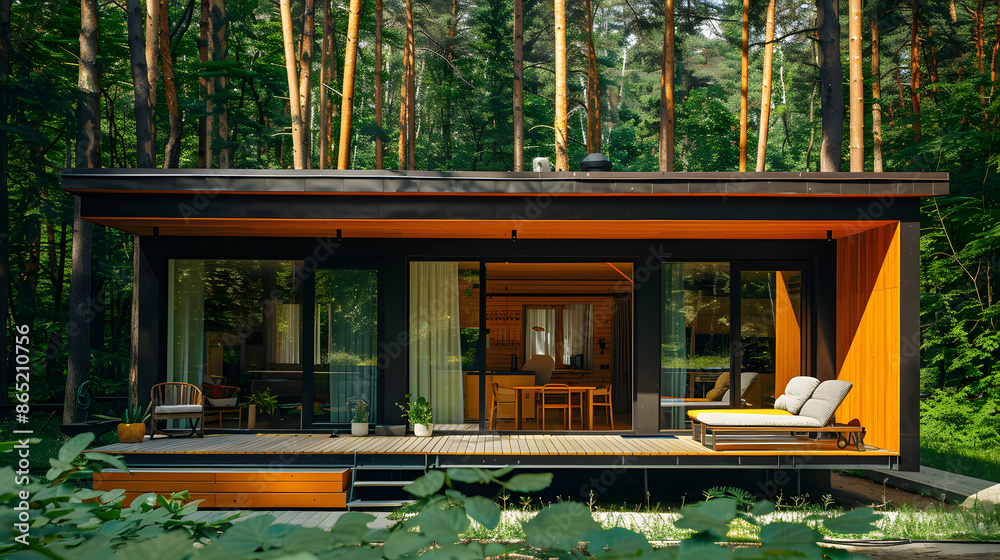 Floor-to-ceiling windows, 50 square meters small wooden house, one ...