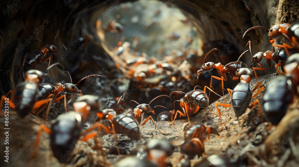A close-up of the underground natural tunnel or nest or anthill dug by ...