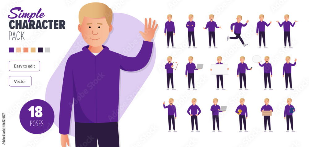 Simple flat male vector character in a set of multiple poses. Easy to ...