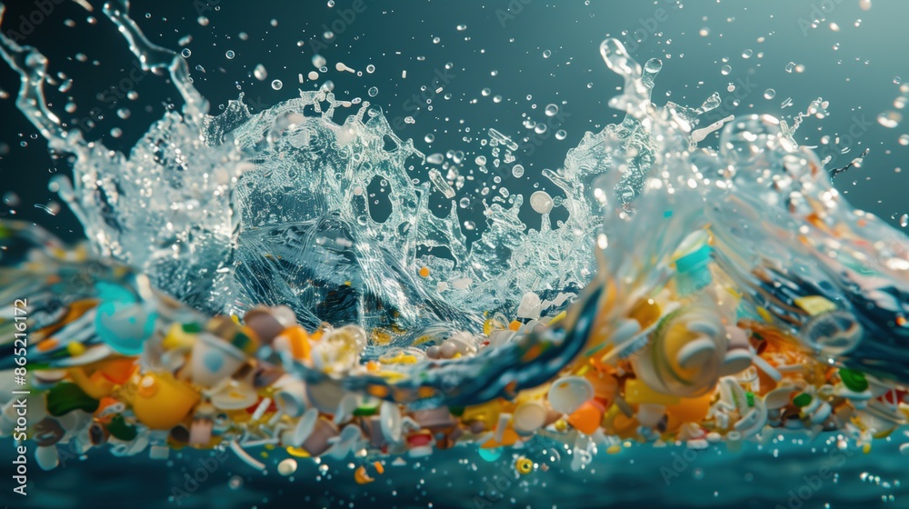 Microplastic pollution in ocean water; garbage patch floating ...