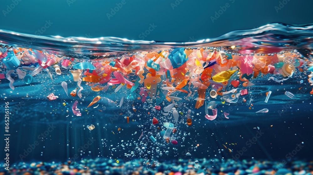 Microplastic pollution in ocean water; garbage patch floating ...