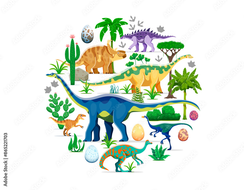 Prehistoric dinosaurs banner with cartoon vector dino characters in ...