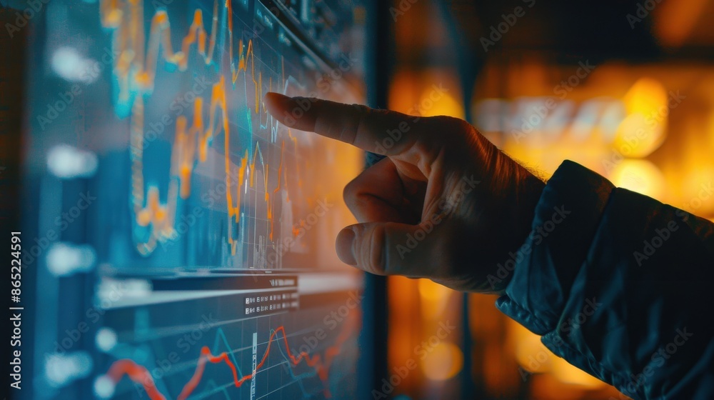 Finger pointing at digital screen with charts and graphs. Stock ...