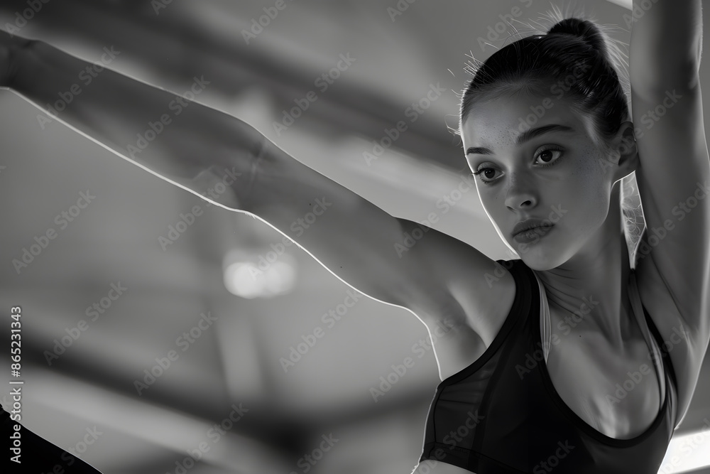 A graceful pose of a female gymnast in a leotard, captured mid-pose ...