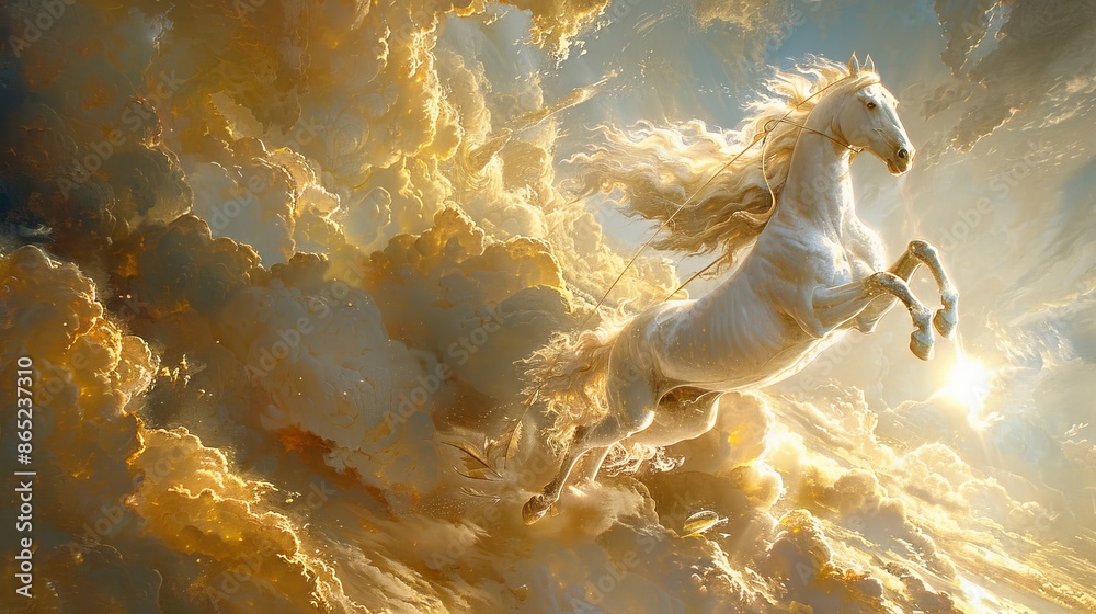 Apollo driving golden chariot through cosmic sky in textured, detailed ...