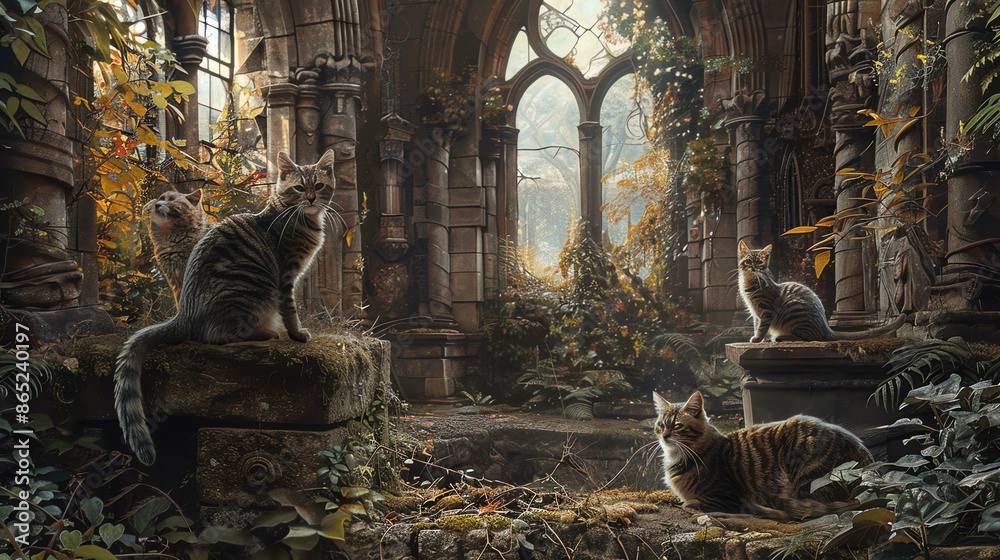 Four cats in the ruins of an ancient temple. The cats are all different ...