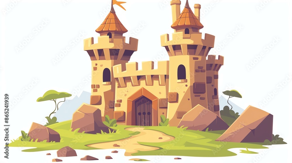 A cartoon vector illustration of a fantasy castle with two towers and a ...