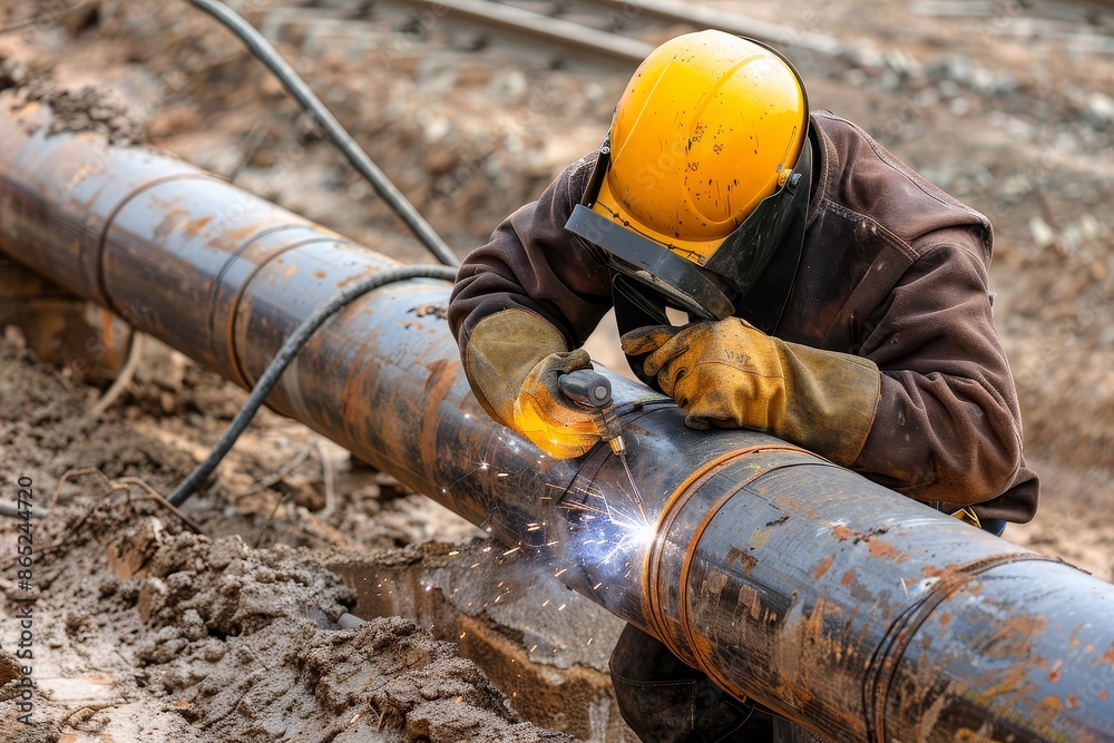 Welder is using Flux Cored Arc Welding FCAW to weld a carbon steel pipe ...