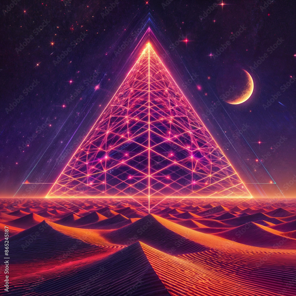 vintage purple retro wave pyramid glowing on a desertic planet ...