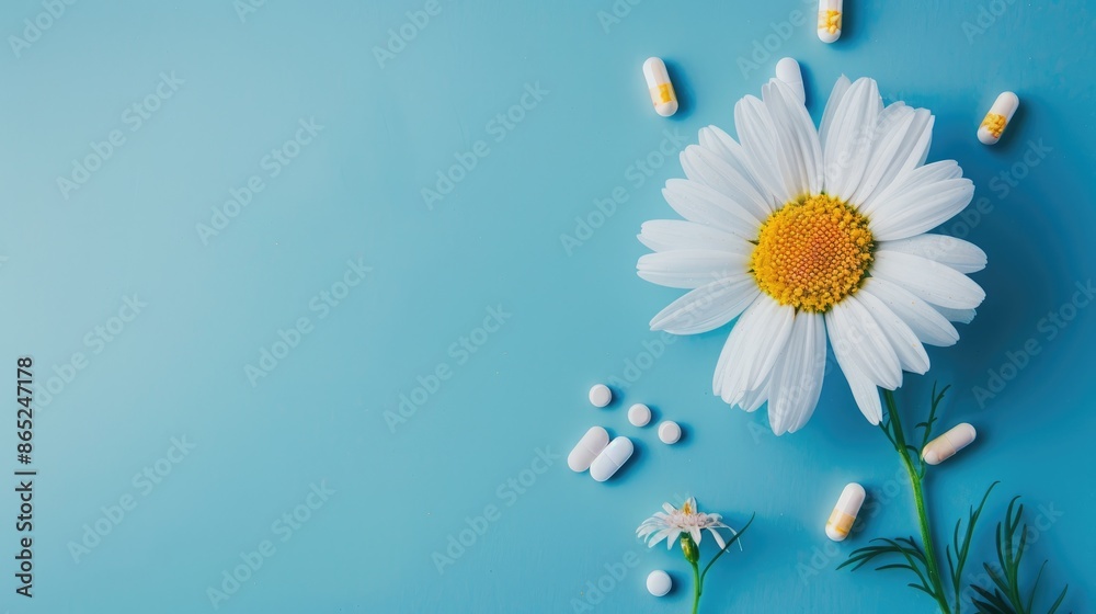 Chamomile flower with medication tablets and capsules for health care ...