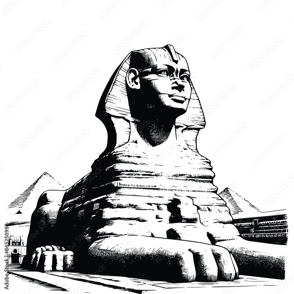 hand drawn Great Sphinx of Giza statue illustration. engraving black ...