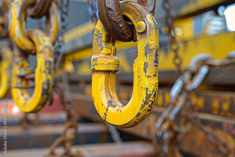 Yellow Grade 80 hooks with latch lock attached to chain sling resting ...