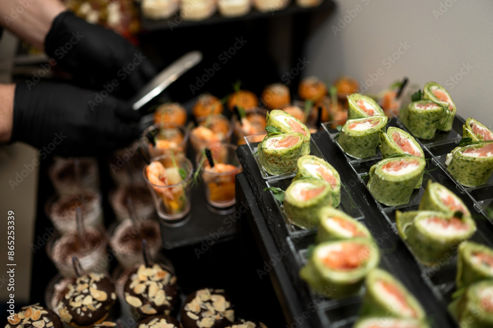 Buffet appetizer roll in shape of heart. Catering. Roll with spinach ...