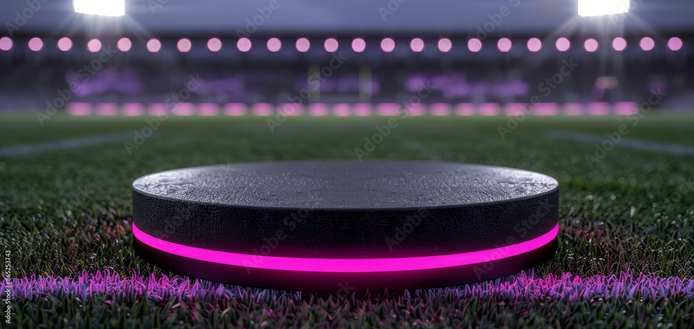 Nighttime football stadium scene with a 3D rendered empty round podium ...