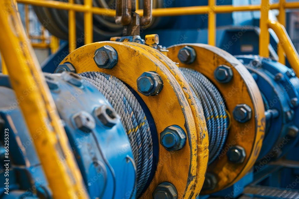 Wire rope or cable sling on crane drum for lifting heavy loads in ...