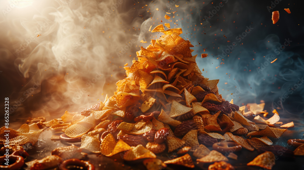 Unhealthy Snack Explosion in Hyper Realistic Junk Food Volcano - Photo ...