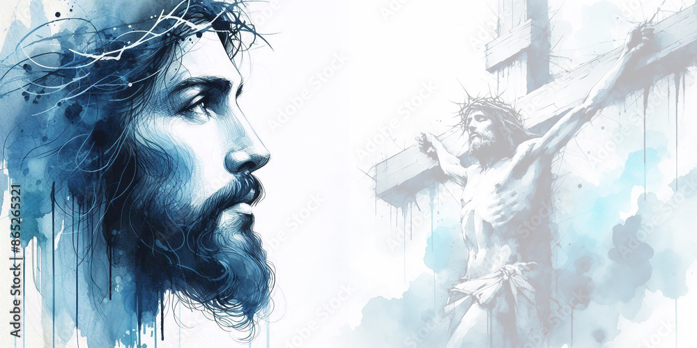 Watercolor portrait of Jesus on a white background. Horizontal ...
