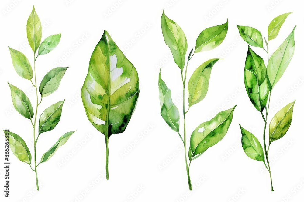 A watercolor Matcha Green tea leaves clipart set with generative AI ...