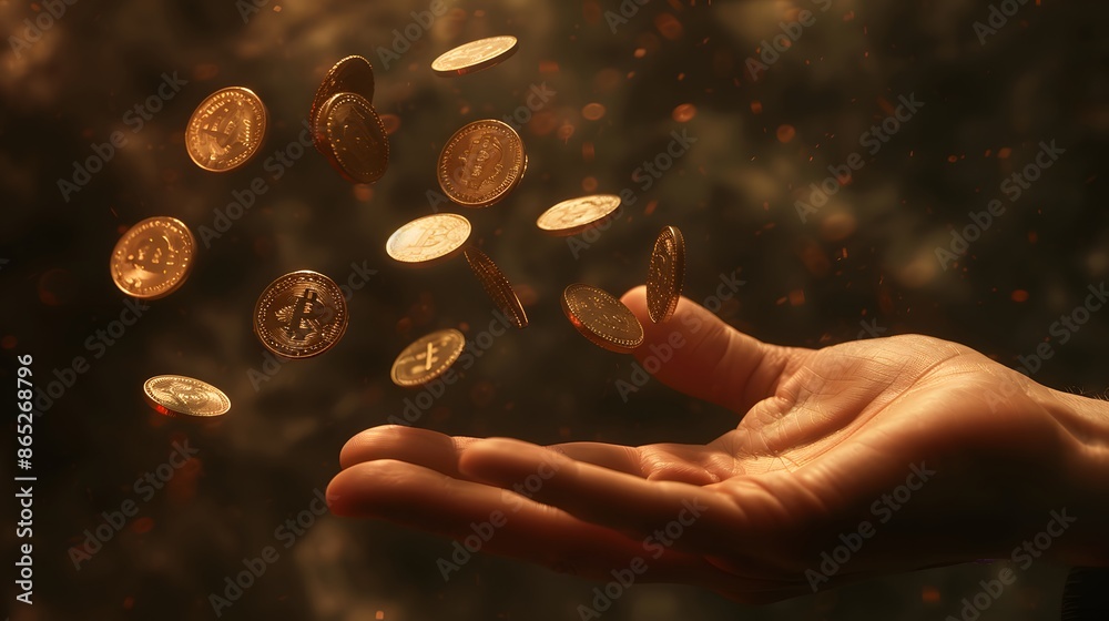 Floating Coins Above Hand: Coins floating above an outstretched hand ...