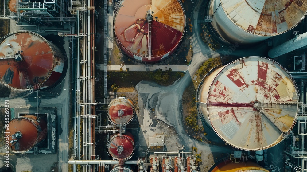 An aerial view of the industrial top view zone, with a refinery power ...