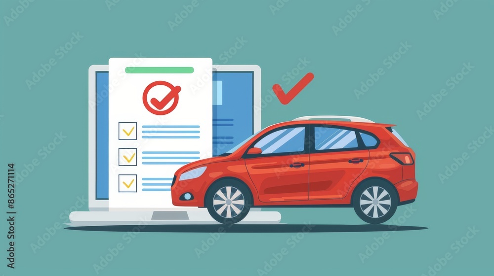 A flat cartoon auto test with a checkmark or tick on a computer screen ...